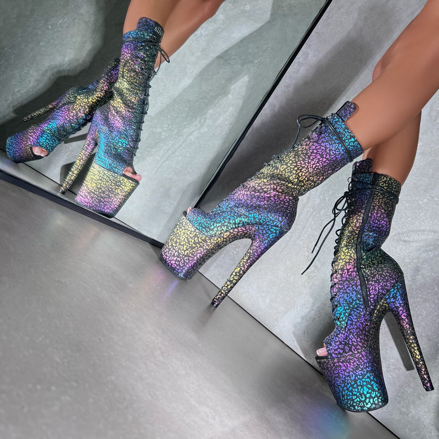 Moonlight Leopard High Ankle Boot Open Toe - 8 INCH – Hella Heels US